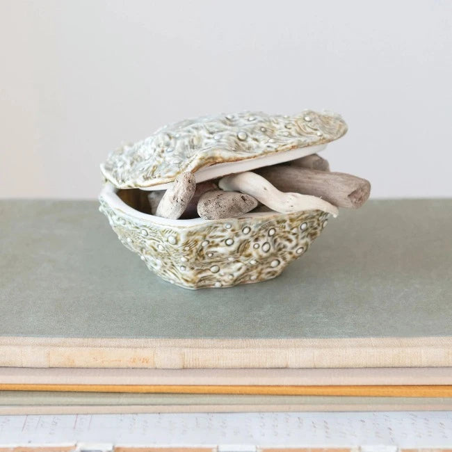 Stoneware Oyster Shell Container | Southern Palms Furniture & Decor